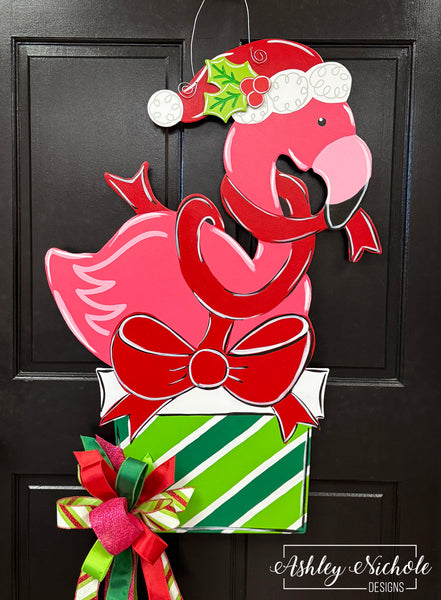 Merry & Bright Christmas Flamingo Door Hanger (Hand-Painted)