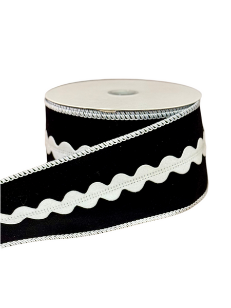 Black Velvet w/ White Ric Rac Wired Ribbon - 2.5 x 10yds ...
