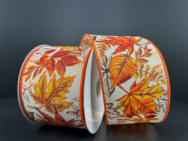 Rust & Gold Leaves w/ Ferns Ivory Wired Ribbon - 2.5" x 10yds ...