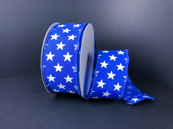 Royal Blue w/ White Stars Satin Wired Ribbon - 1.5" x 10yds ...