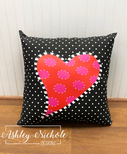 Custom Pillow - Funky Heart on Black & White Mini Dot Outdoor Fabric ...